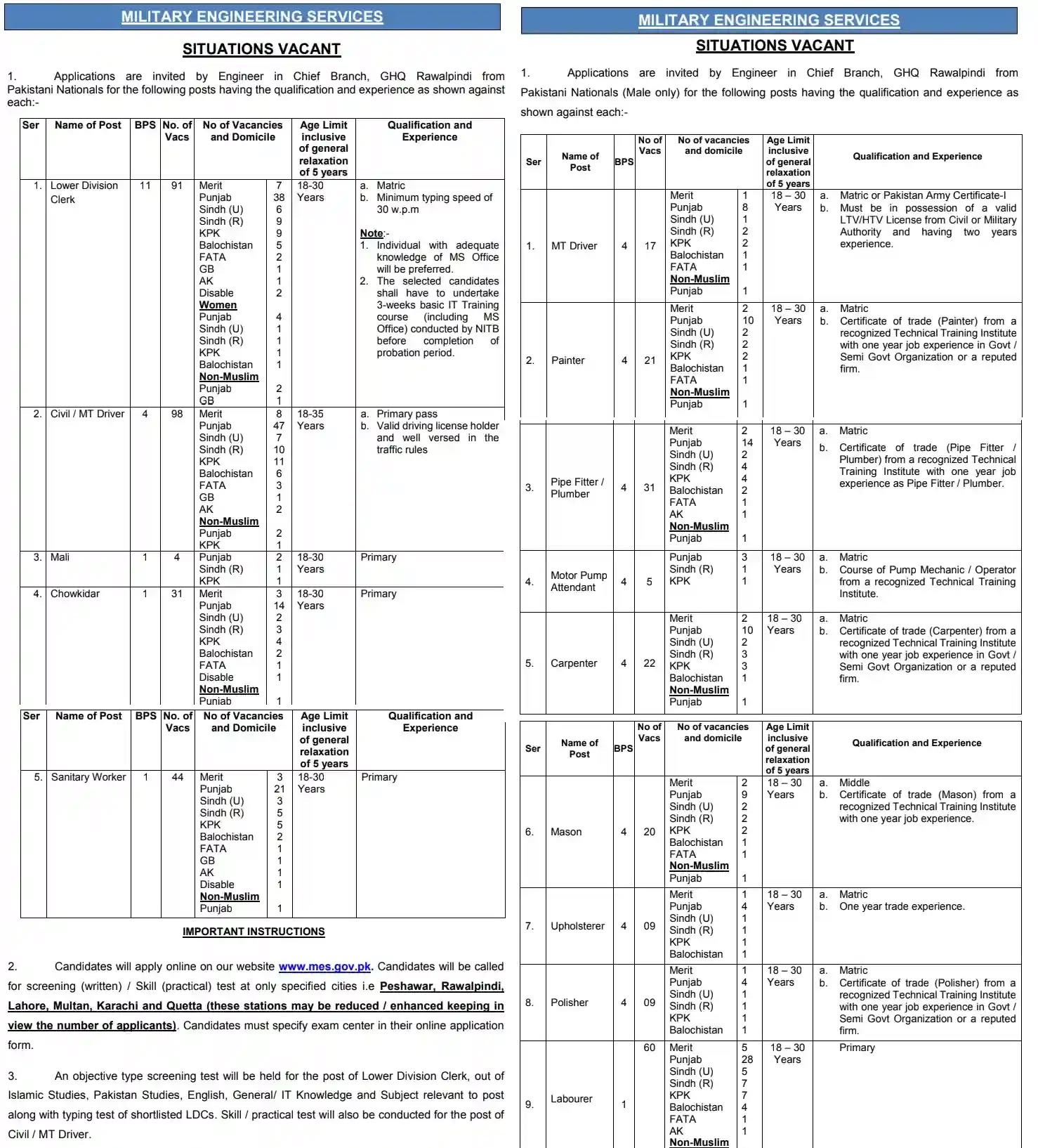Military Engineering Services Jobs 2026 – Multiple Vacancies